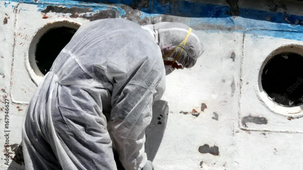 Working people rip off paint in repairs process of river sea vessel at ...