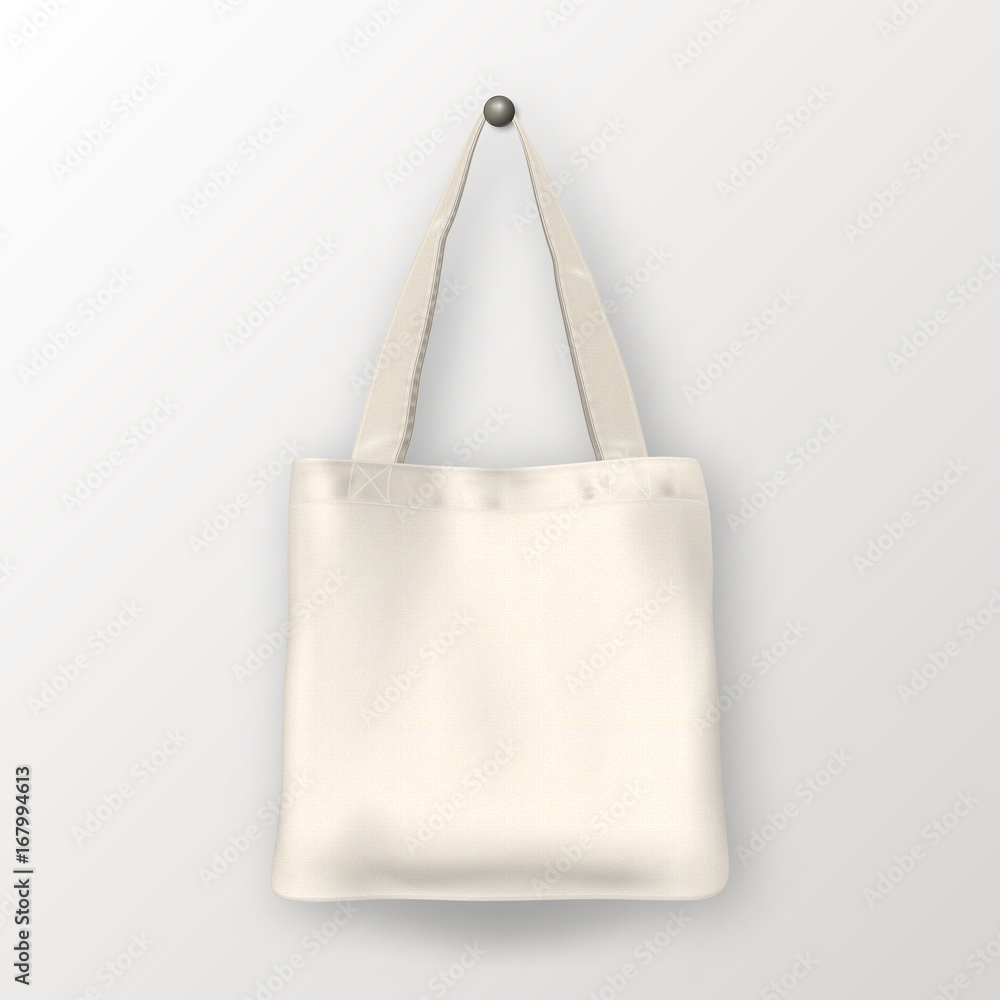 Realistic vector white empty textile tote bag. Closeup isolated on ...