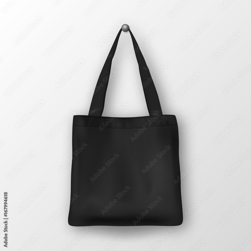 Realistic vector black empty textile tote bag. Closeup isolated on ...