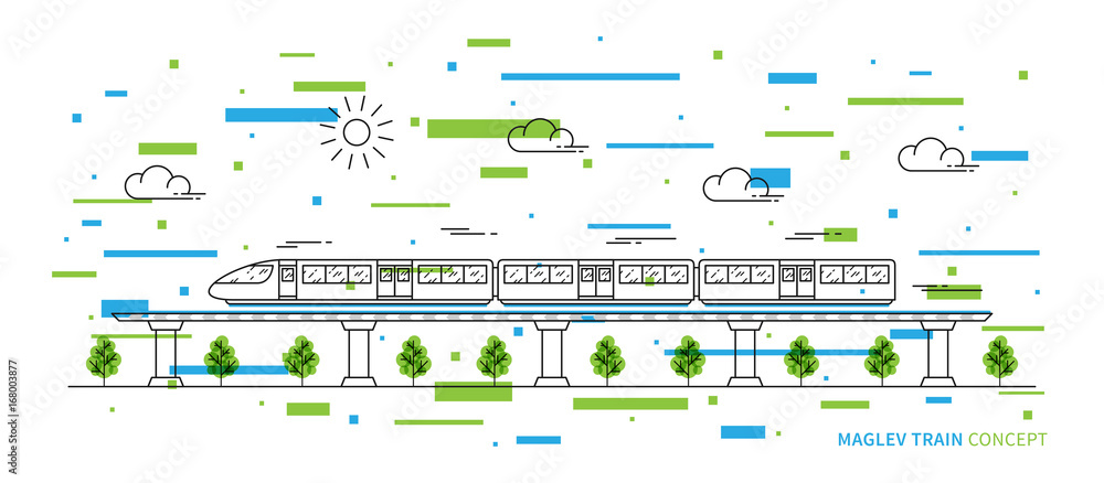 Maglev rail train vector illustration with colorful elements. Electric ...