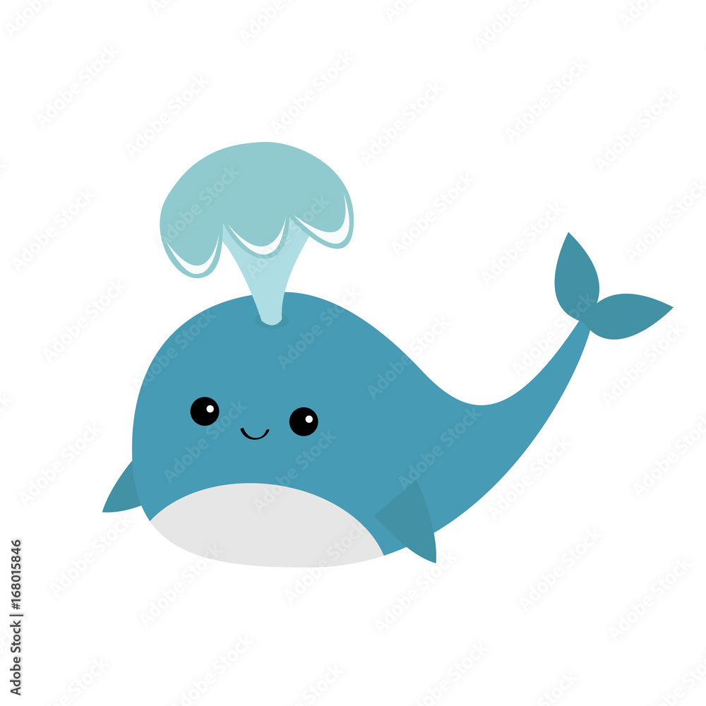 Blue whale with fountain. Sea ocean life. Cute cartoon character with ...