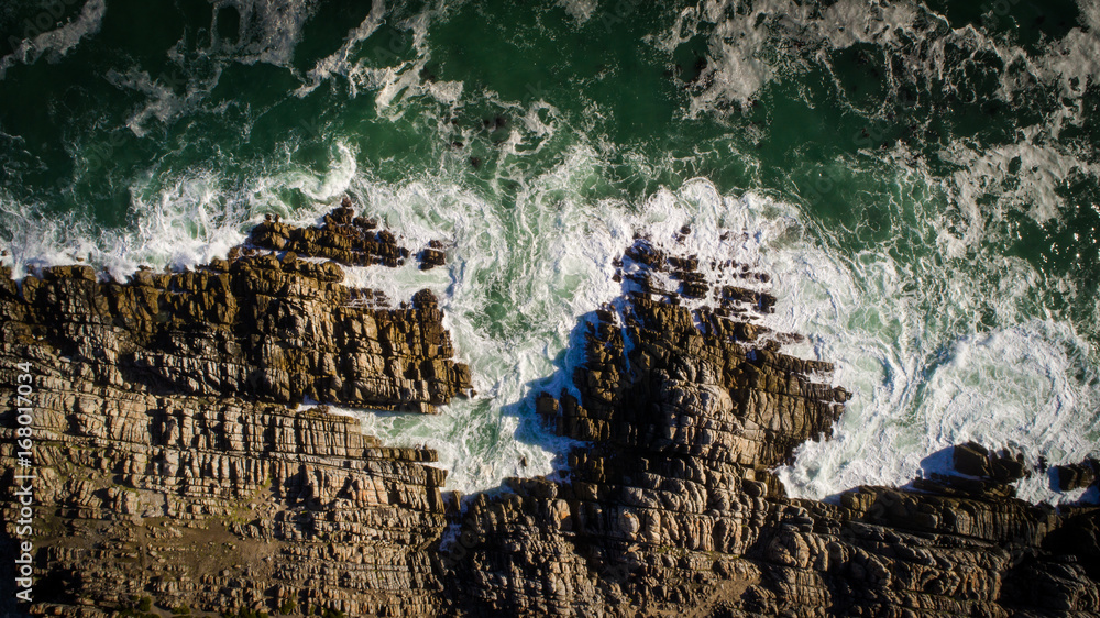 Aerial view of the rugged coastline allong the Gansbaai / De Kelders ...