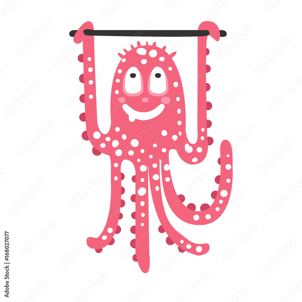 Cute cartoon pink octopus character training on a horizontal bar, funny ...
