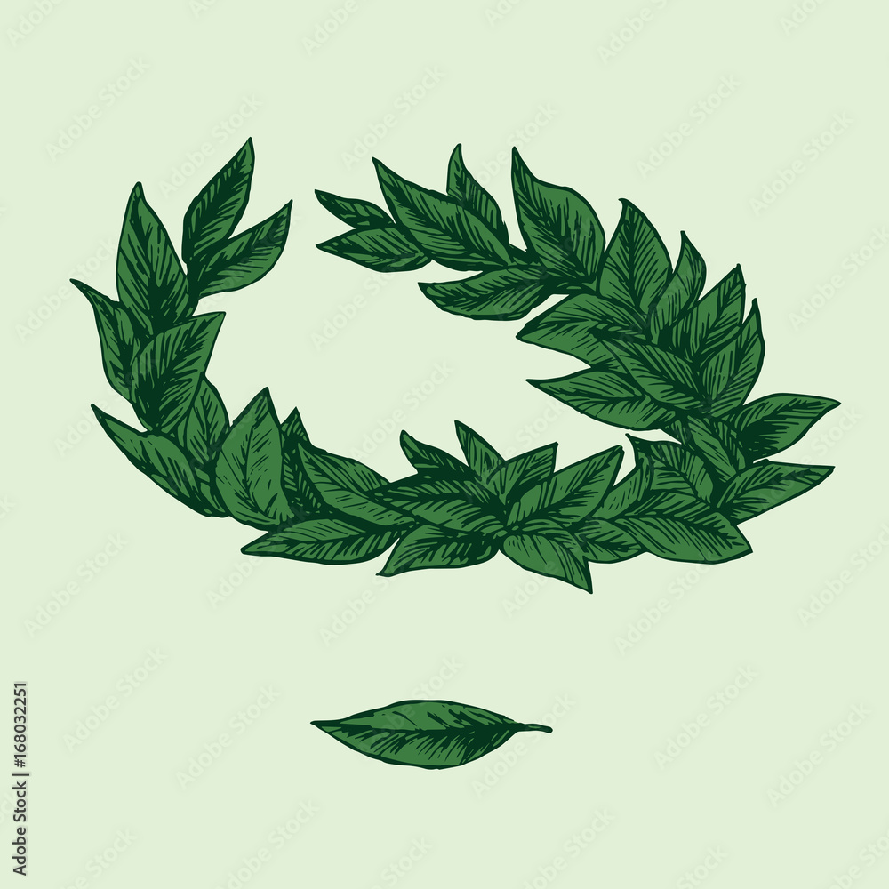 Laurel crown, hand drawn doodle, sketch in woodcut style, color vector ...