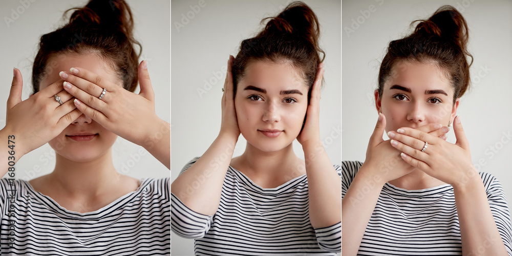 Collage see no evil, hear no evil, speak no evil. A young girl with ...