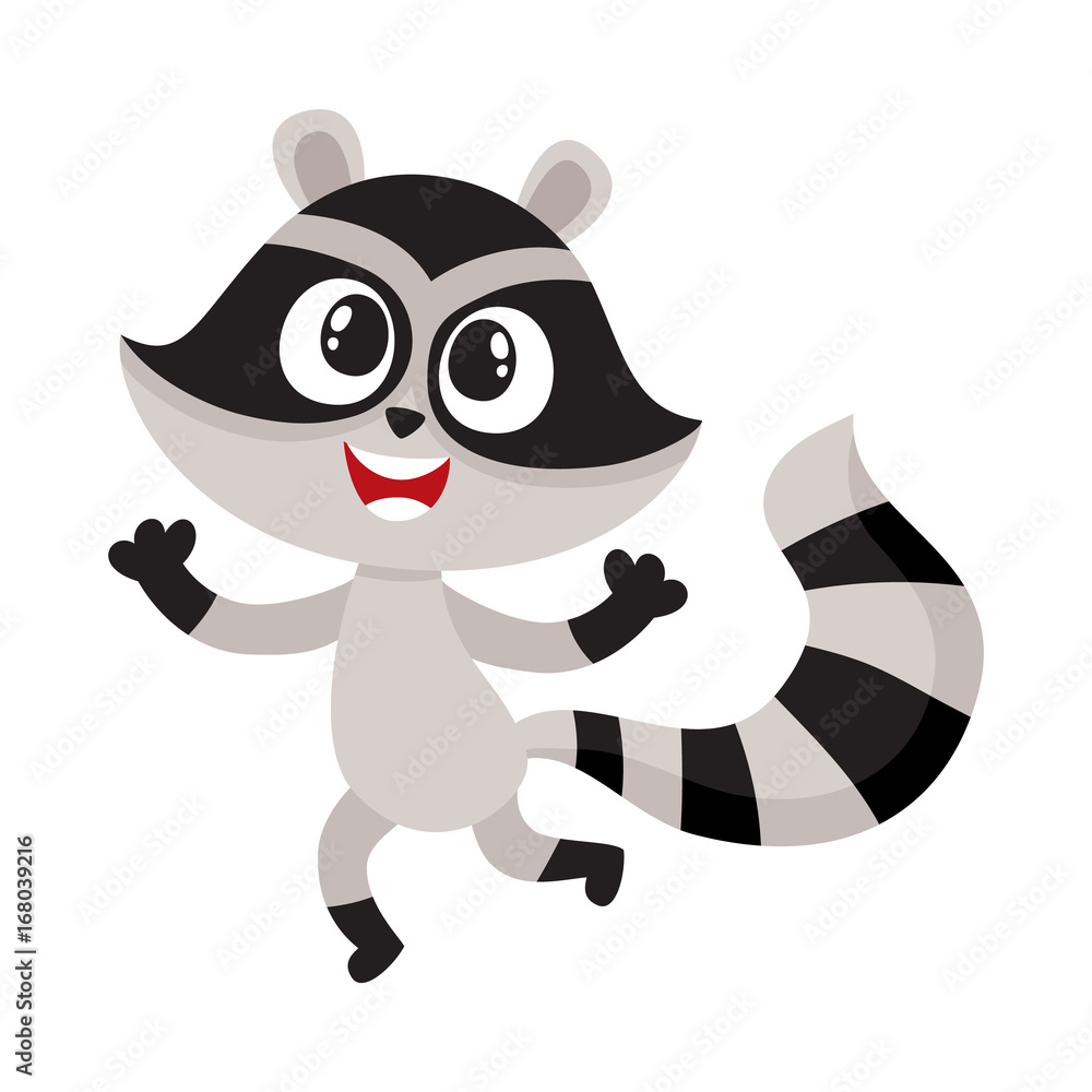 Cute happy raccoon character raising paws in welcoming gesture, cartoon ...