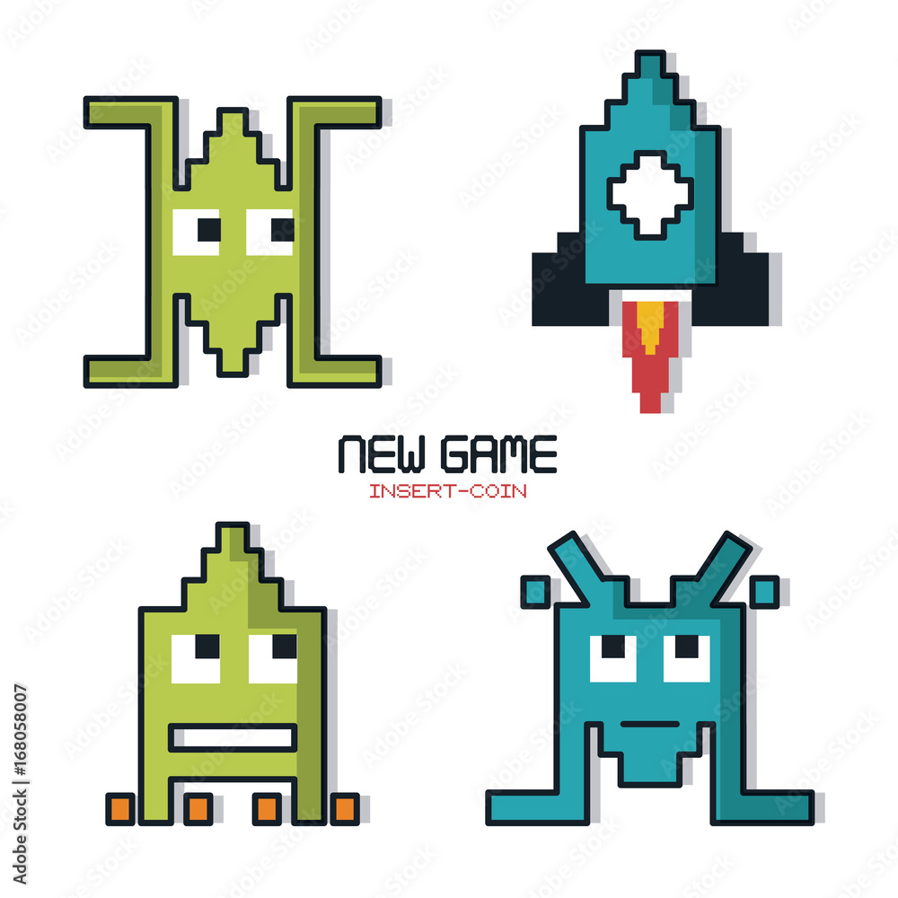 colorful poster of new game insert coin with graphics of spatial game ...