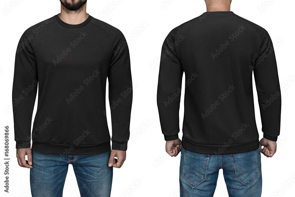 men in blank black pullover, front and back view, isolated white ...