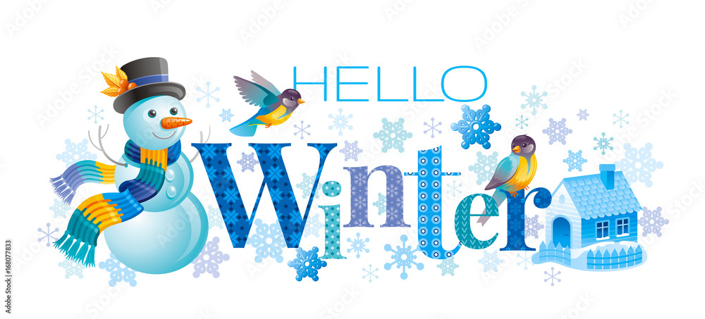 Hello Winter text lettering logo. Vector illustration cristmas and new ...