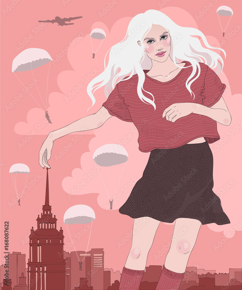 Beautiful Young Girl Walking Around The City During The Holiday The Girl Of The Giantess Head