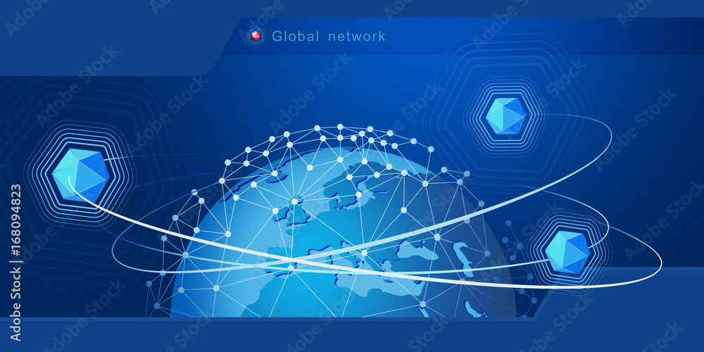 Modern design of network connections, the planet and satellites in ...