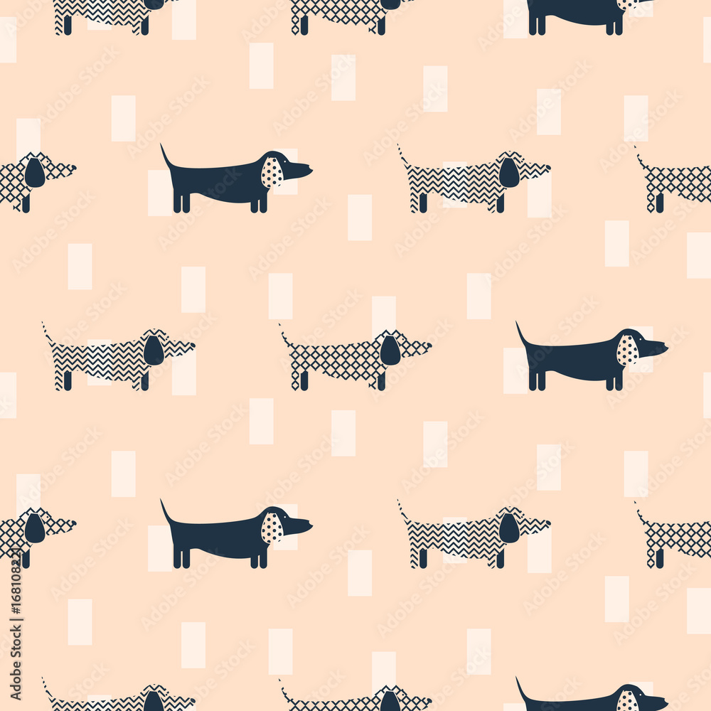 Dachshund dog scandinavian seamless vector peach colored pattern. Blue ...