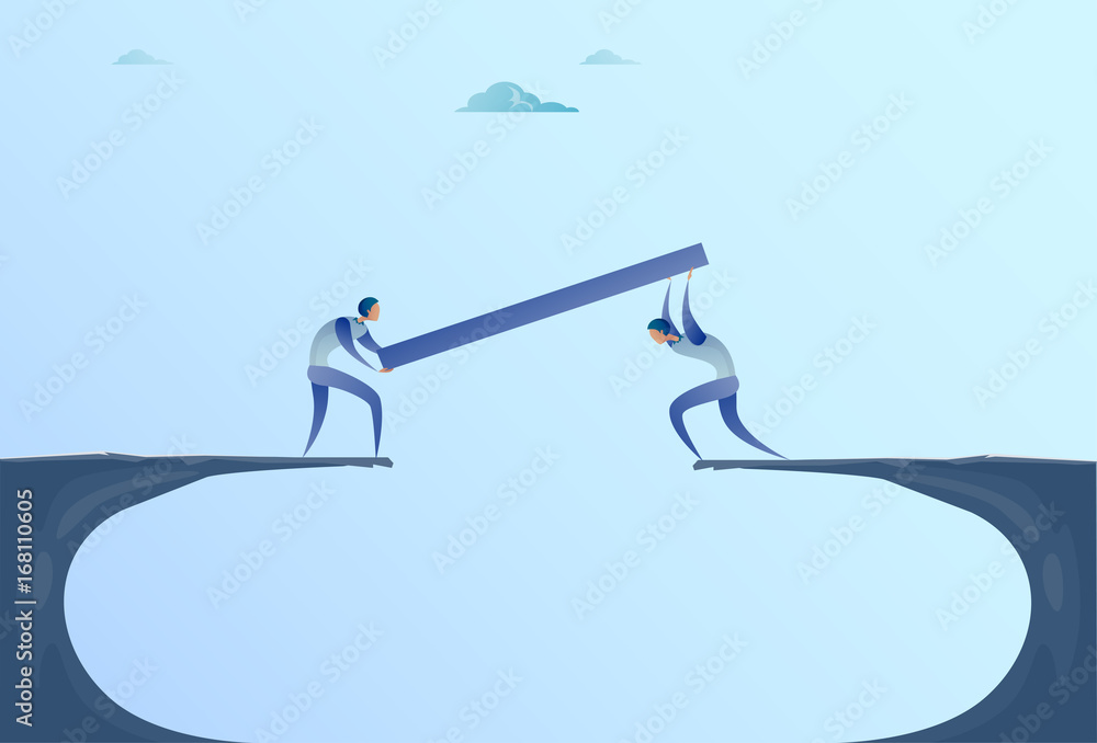 Two Businessmen Building Bridge Over Cliff Gap Mountain Business People ...