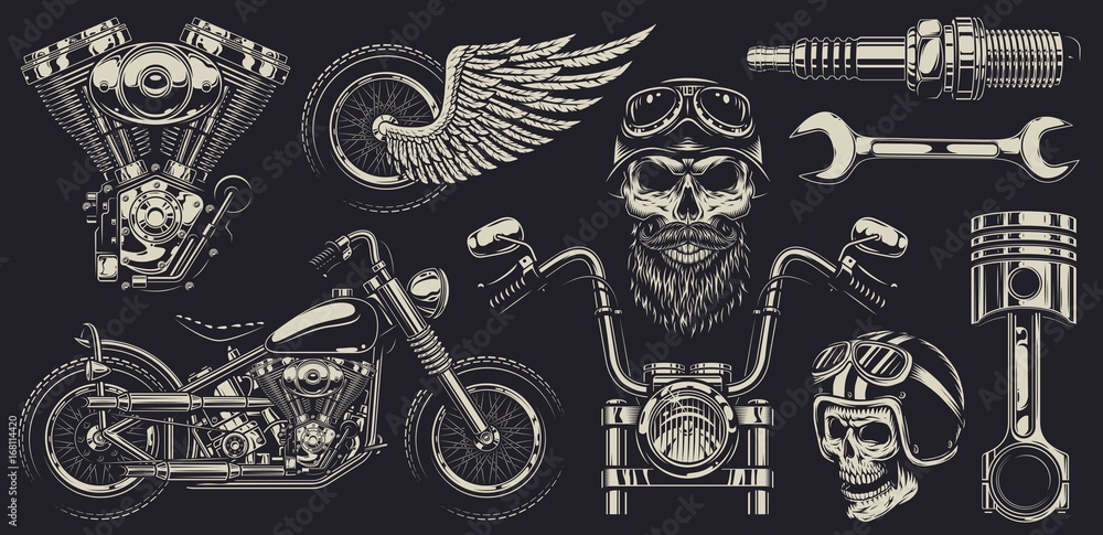 Set of vintage custom motorcycle emblems, labels, badges, logos, prints ...