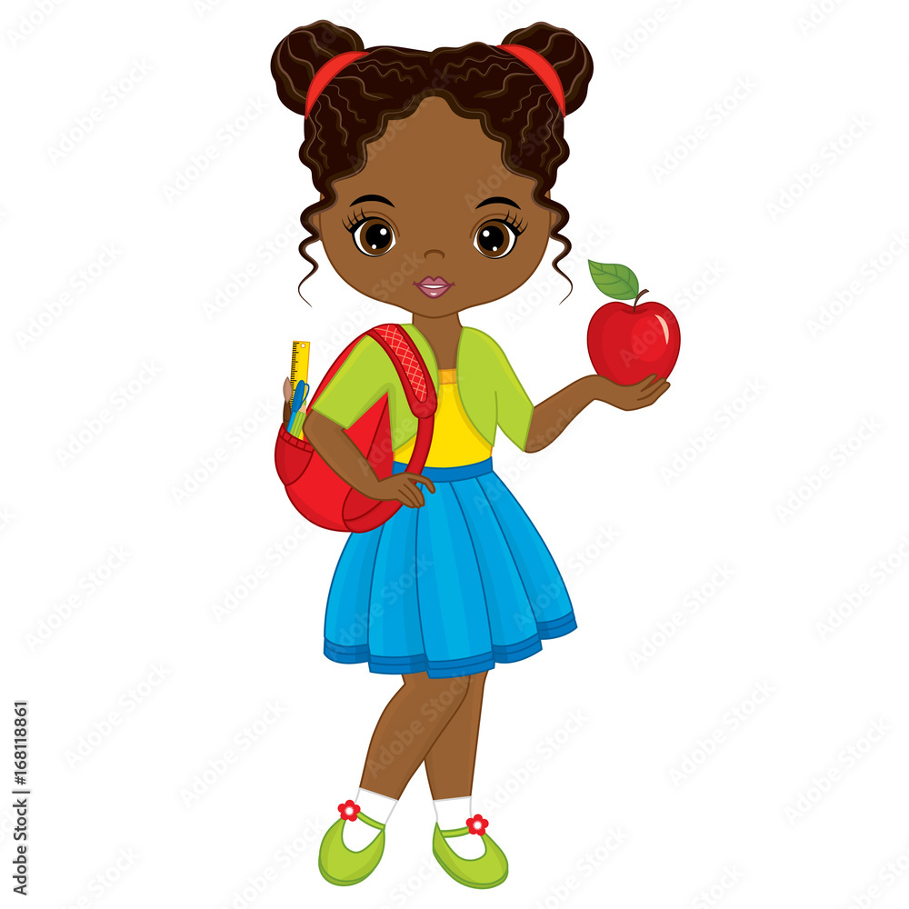 Vector Cute Little African American Girl with School Bag and Apple ...