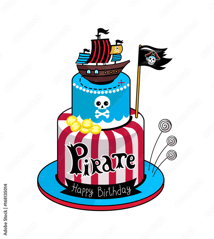 Pirate party cake icon. Children drawing of pirate concept vector ...