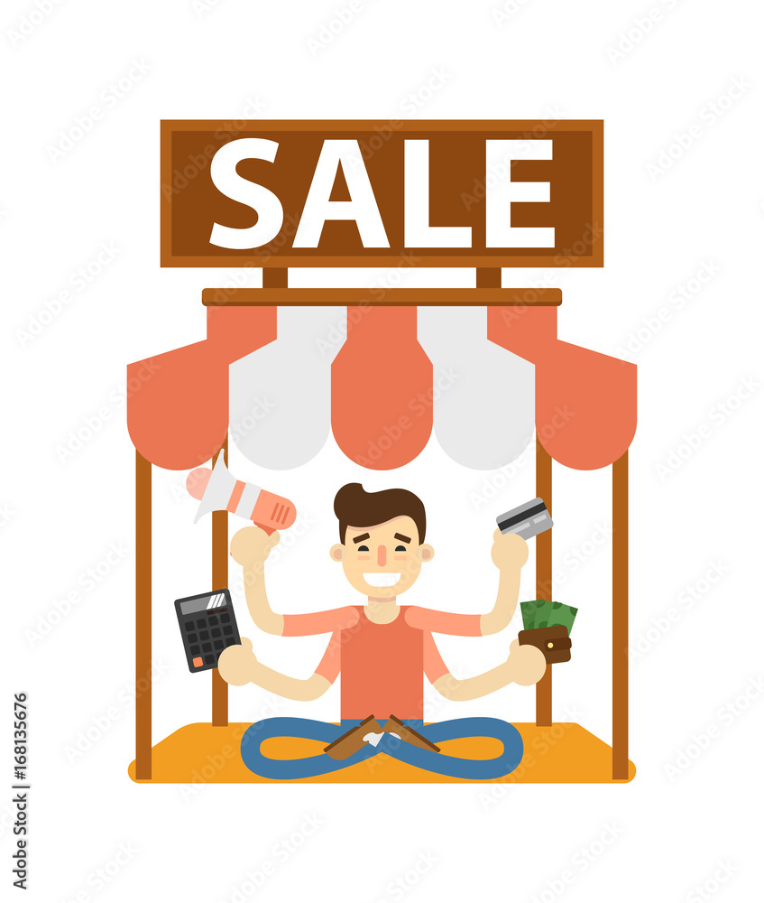 Seller man on marketplace icon. Shopping in supermarket, retail vector ...