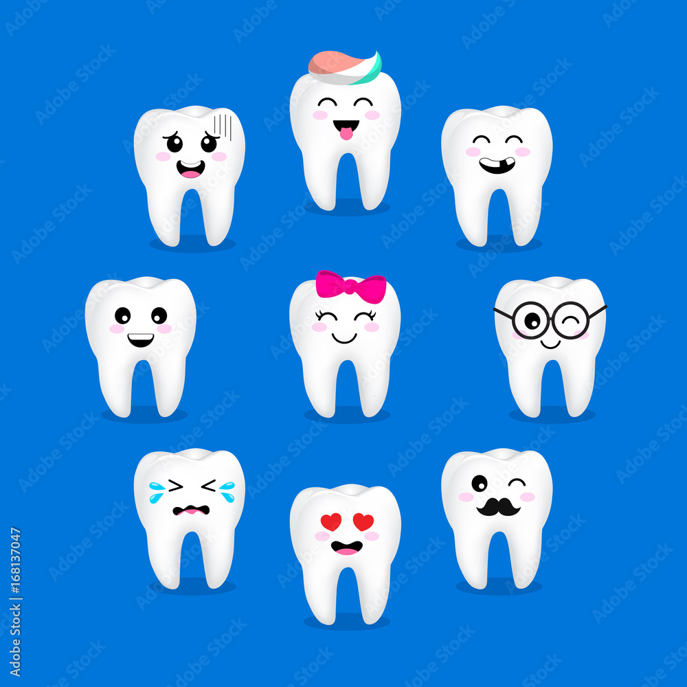 Set of cute cartoon tooth emoticons with different facial expressions ...