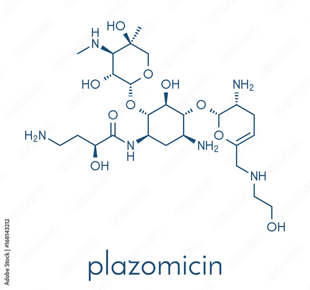 Plazomicin antibiotic drug molecule (aminoglycoside class). Skeletal ...