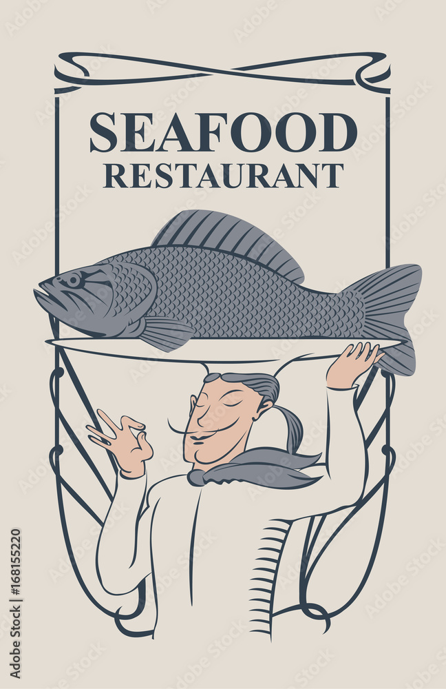 Vector menu for seafood restaurant with the smiling chef with the fish ...