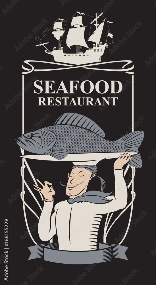 Vector menu for seafood restaurant with the sailboat, smiling chef with ...