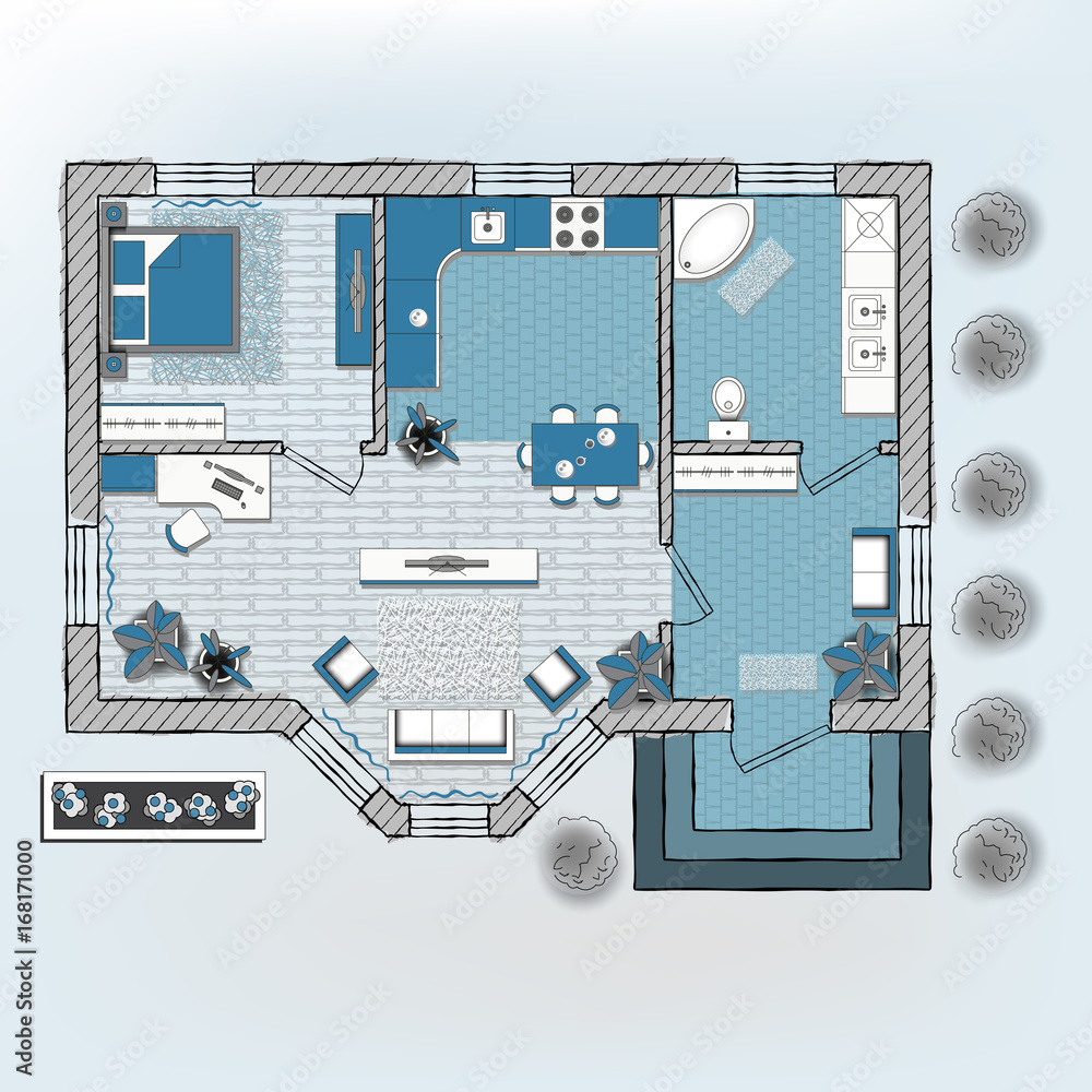 Architectural color floor Plan with furniture top view. One bedroom ...