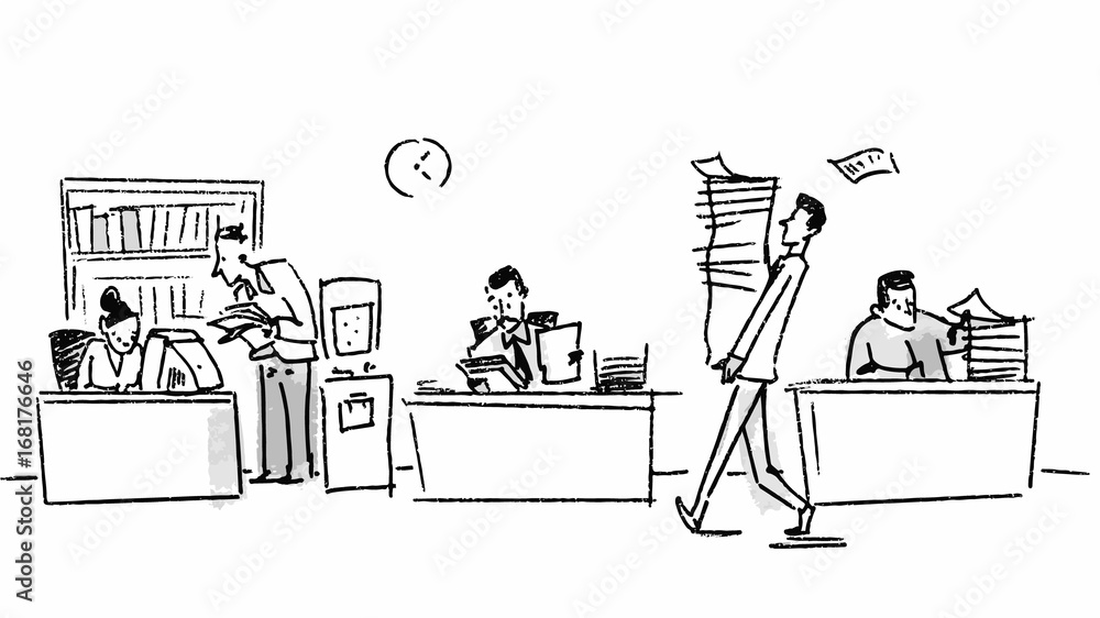 Men working at their desk in an office. Vector sketch for storyboard ...