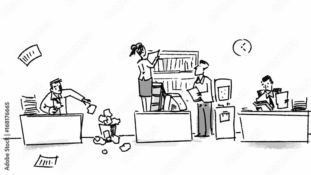 People busy working at their desk in an office. Vector sketch for ...