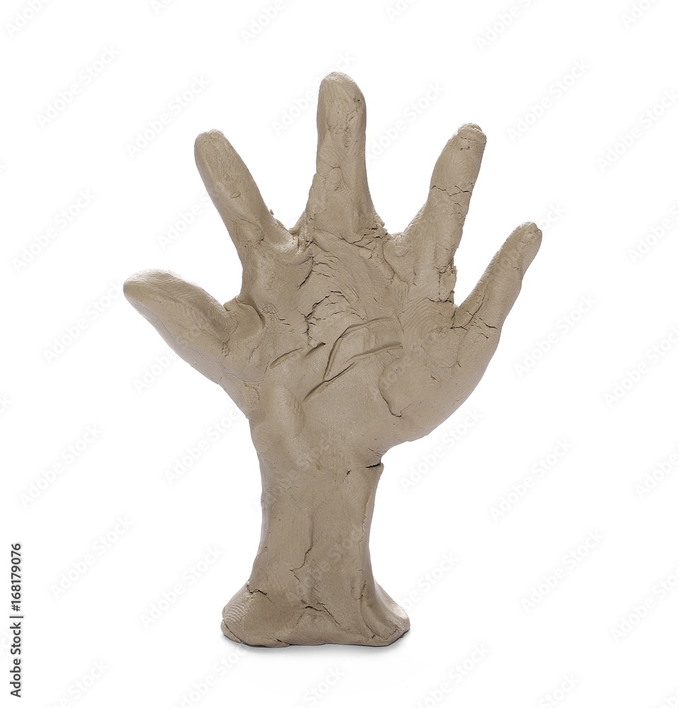 Grey modelling clay in hand sculpture shape isolated on white ...