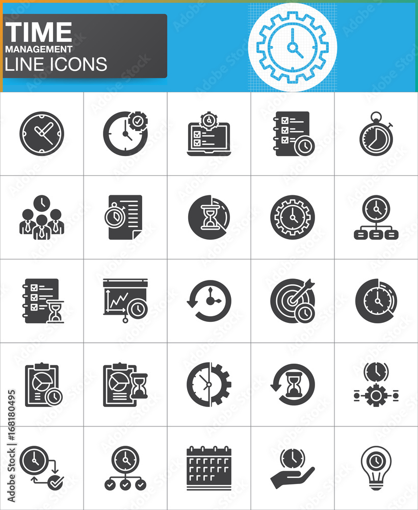 Time management vector icons set, modern solid symbol collection ...