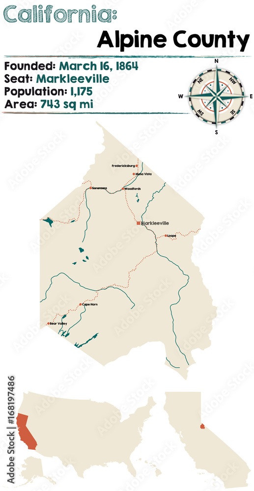 Large and detailed map of California - Alpine county Stock Vector ...