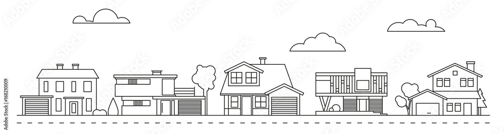 Suburban neighborhood line art with classic, mid-century and ...