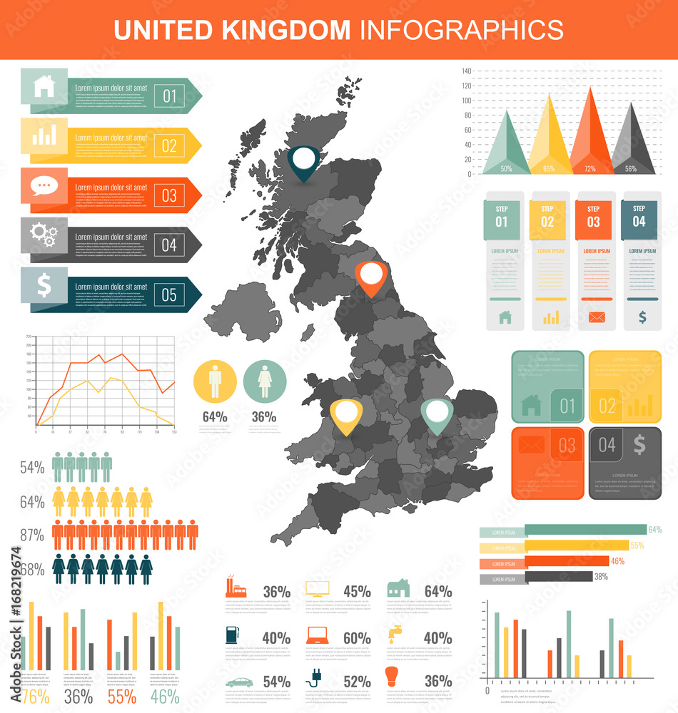 United Kingdom with Infographic elements. Infographics layouts. Vector ...