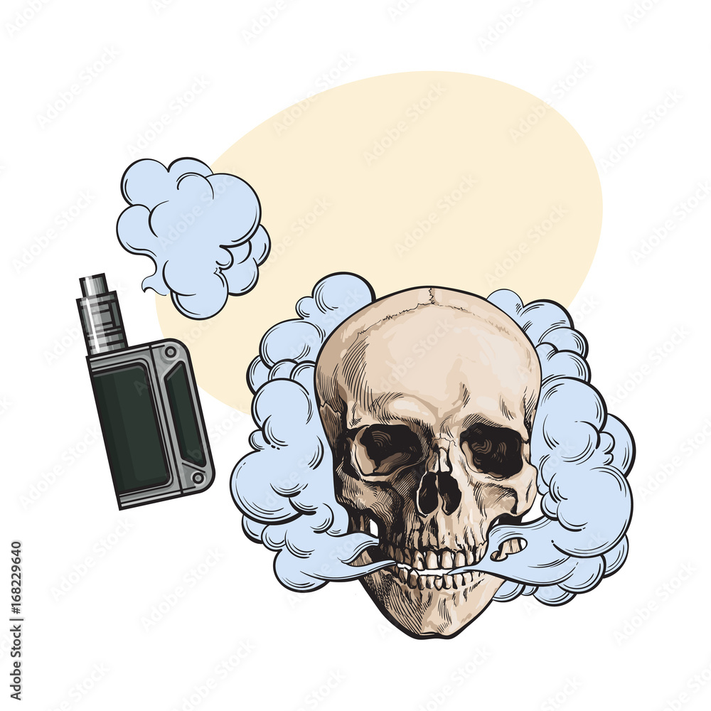 Smoke coming out of fleshless skull and vape, vaping device, sketch ...