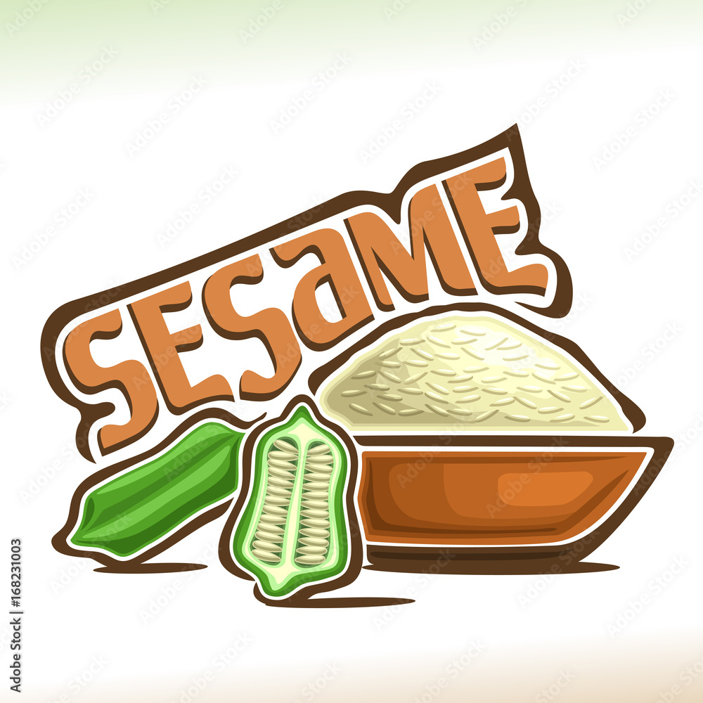 Vector logo for Sesame: cut half of green pod with seeds and pile of ...
