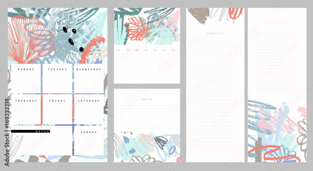 Weekly and daily planner. Notes and to do list set. Hand drawn brush ...