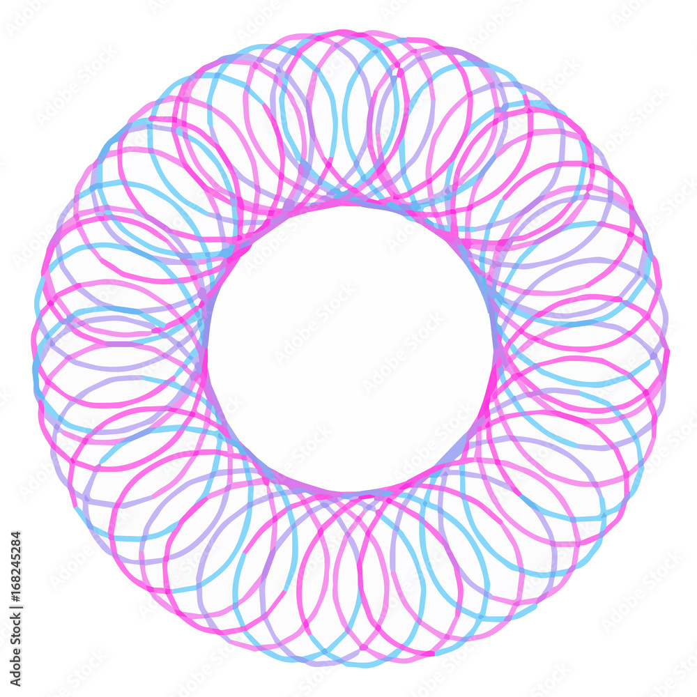 Round shape with curly lines in pink and blue colors. Circle Guilloch ...