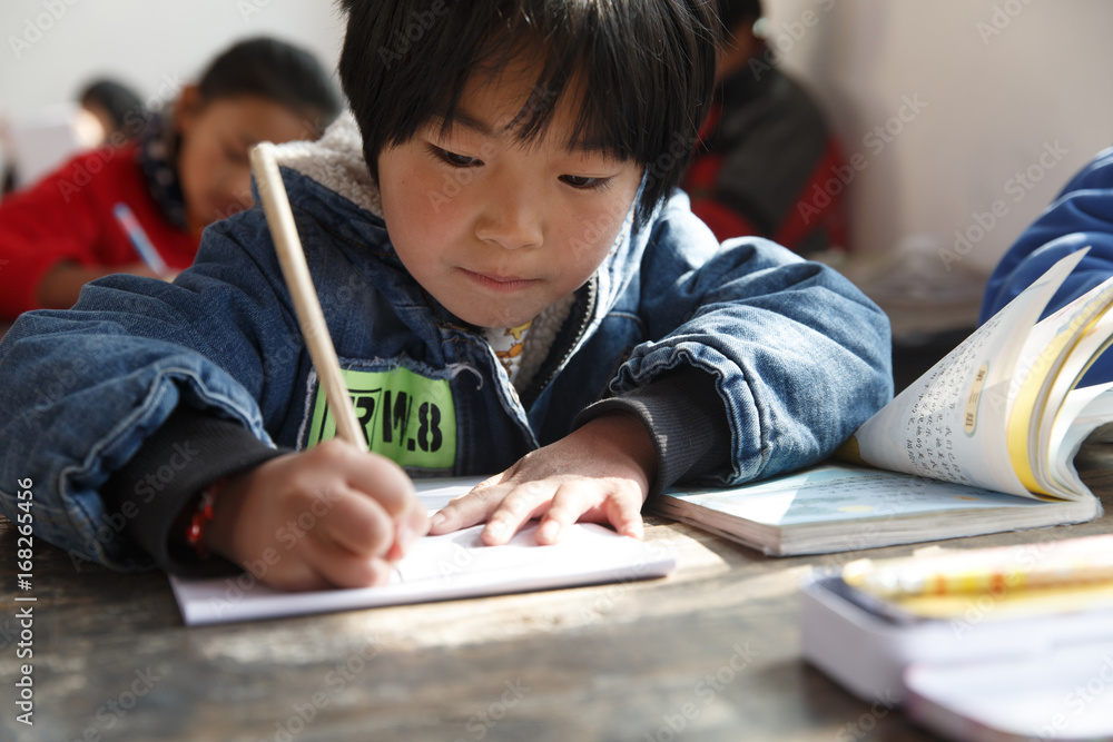 Primary school student writing in the classroom Stock Photo | Adobe Stock