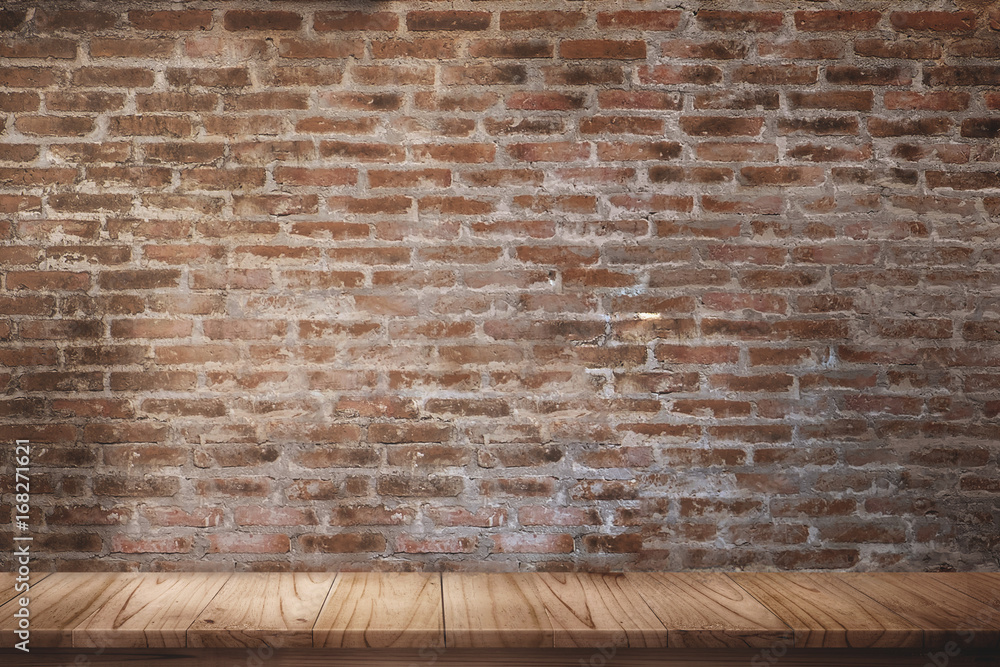 Mock up wooden table with white brick wall. For product display montage ...