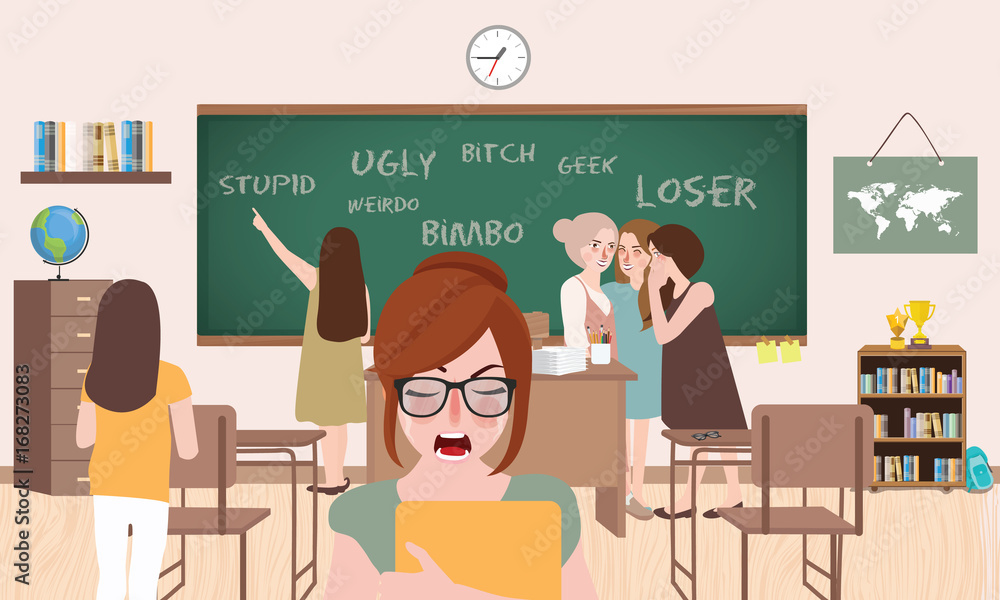 bullying in class room school between friends young female standing ...