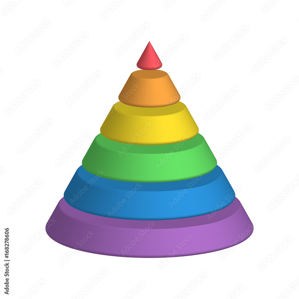 Layered cone. 3D conical pyramid of 6 multicolored rainbow spectrum ...