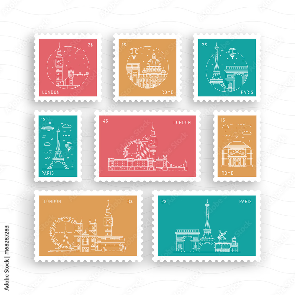 A set of postage stamps vector, flat, depicting European architectural ...
