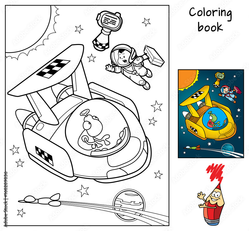 A space traveler with a suitcase catches a taxi. Coloring book. Cartoon ...