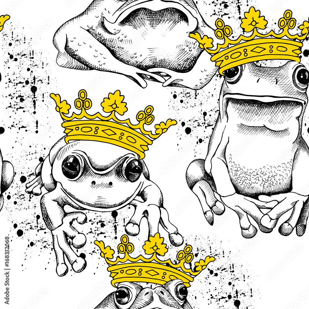 Seamless pattern with frog and toad wearing a yellow crown. Vector ...