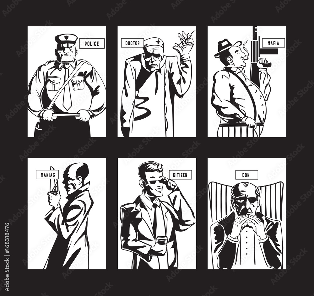 Vector illustration character collection for Mafia game play cards ...
