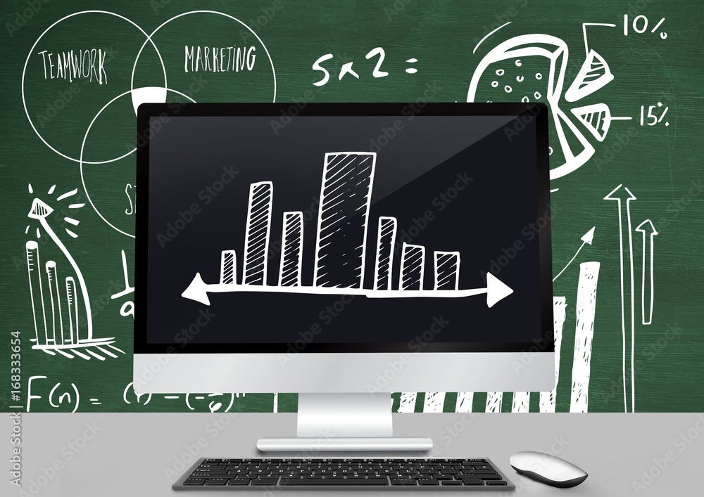 Incremental bar charts on computer in front of blackboard with d Stock ...
