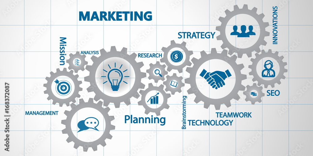Marketing mechanism concept. Abstract background with connected gears ...