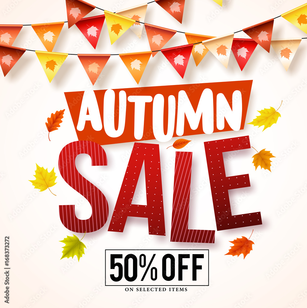 Autumn sale vector banner design with colorful hanging streamers and ...