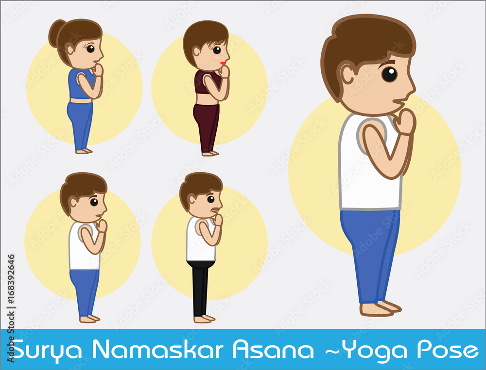 Yoga Cartoon Vector Poses - Surya Namaskar Step - 1 Stock Vector | Adobe Stock