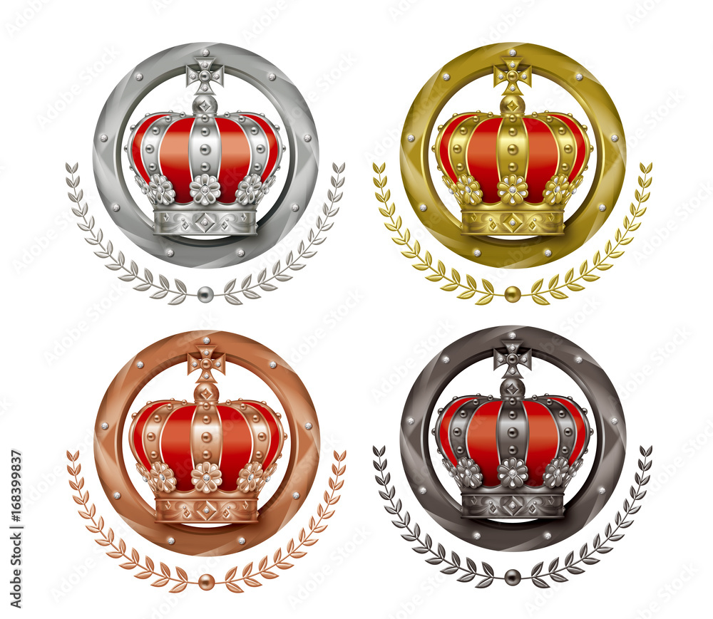 Illustration of the crown. Four icons. / Gold, silver, bronze badges ...
